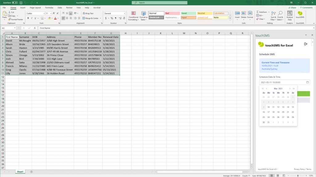 Microsoft Excel – Support | touchSMS